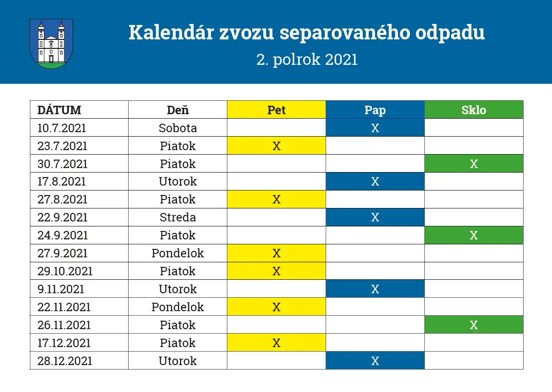 Kalendár zvozu separovaného odpadu na II.polrok 2021