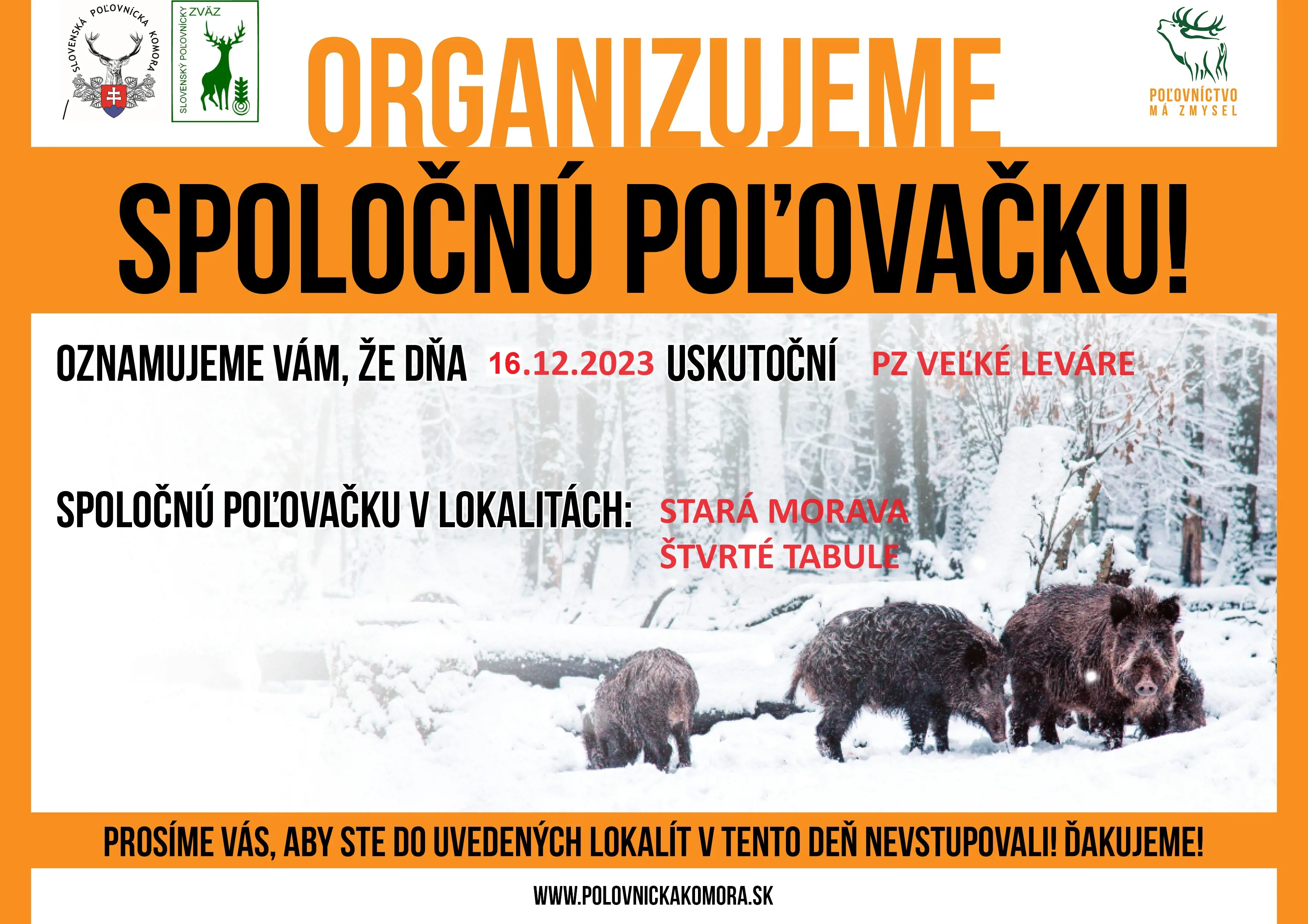 Poľovnícke združenie upozorňuje na konanie spoločnej poľovačky