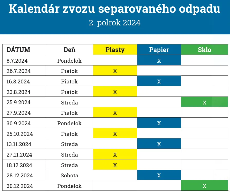 Kalendár zvozu separovaného odpadu na druhý polrok 2024